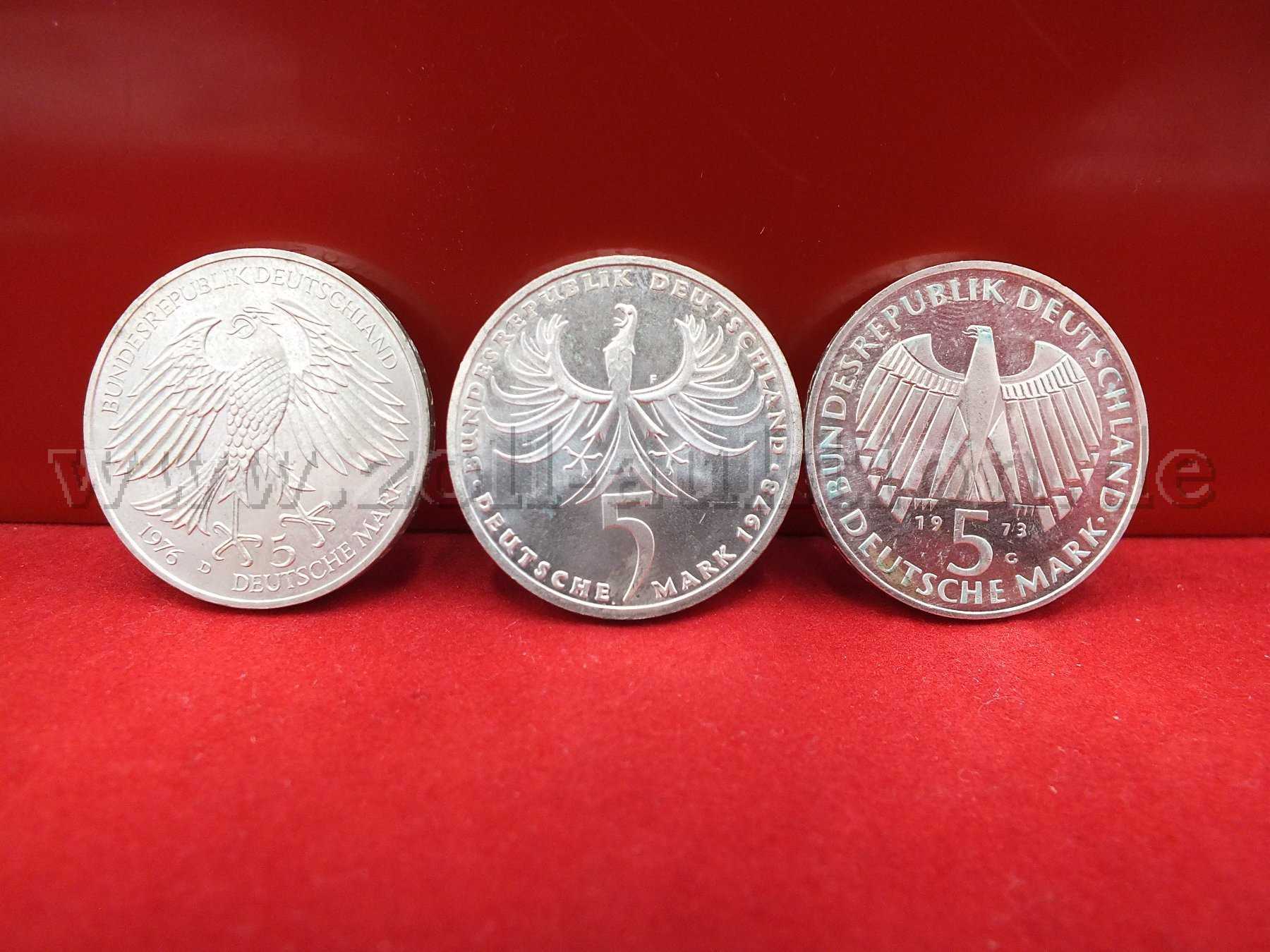 Zoll-Auktion - 6 x Gedenkmünzen 625er Silber, 5 deutsche Mark, verschiedene Motive und Jahrgänge ...
